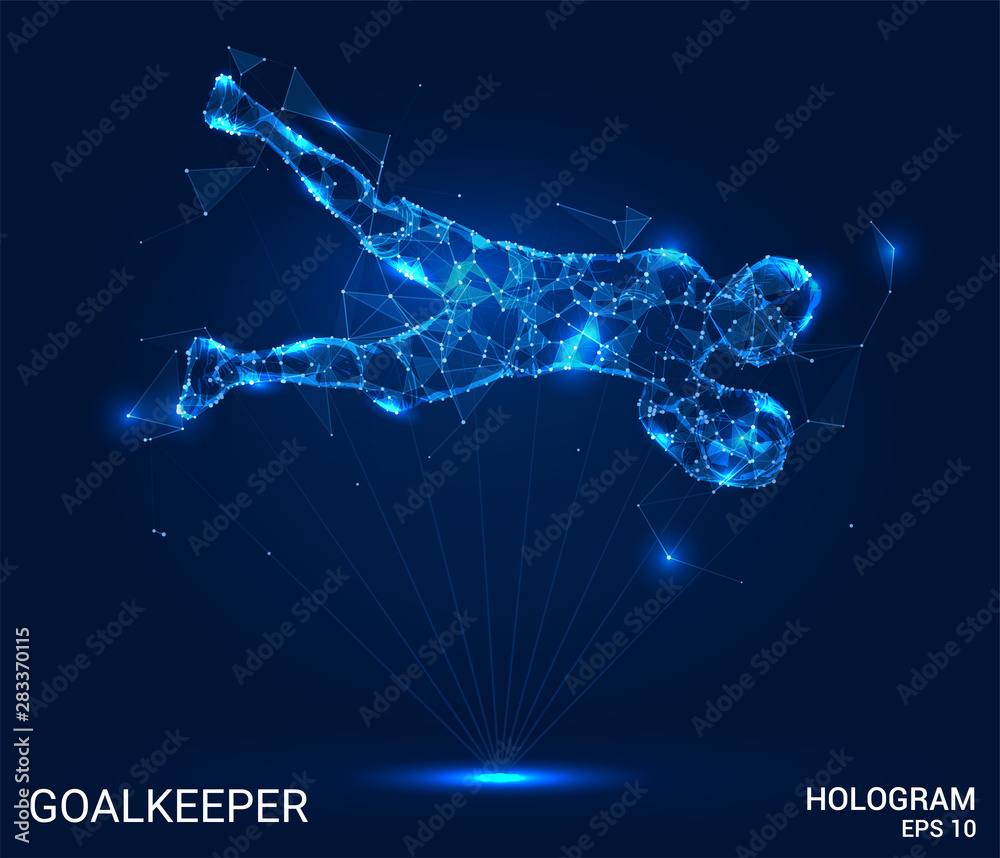 Hologram football. Goalkeeper of polygons, triangles of points and ...