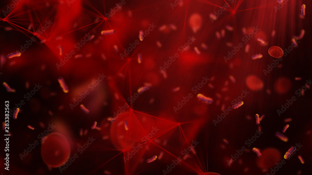 Bacteria, virus and Red infecting blood cells, traveling through a vein ...