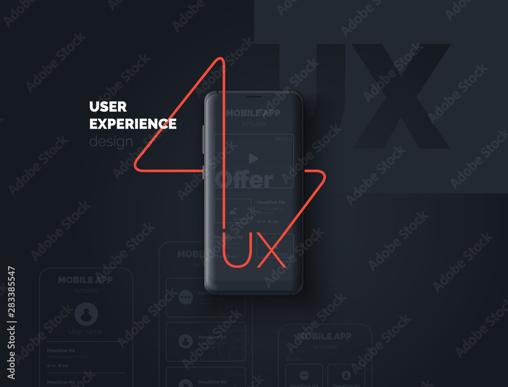 User experience. Mobile phone with page layout for mobile application ...