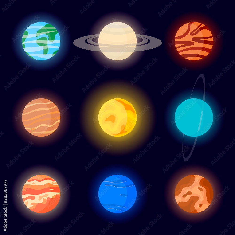 Icons of the planets of the solar system and the sun. Cartoon vector ...