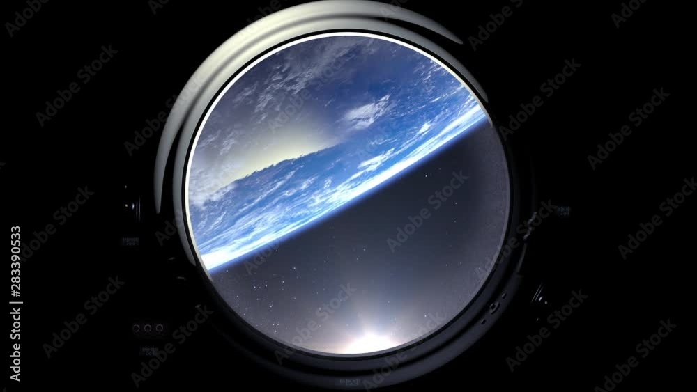 Spaceship. Earth in the porthole window moves away and turns to the ...