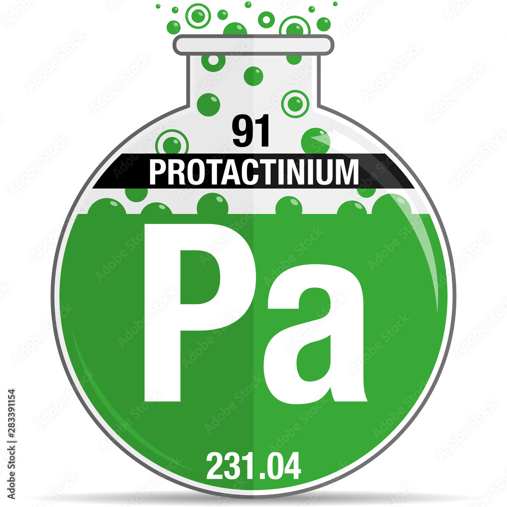 Protactinium symbol on chemical round flask. Element number 91 of the ...