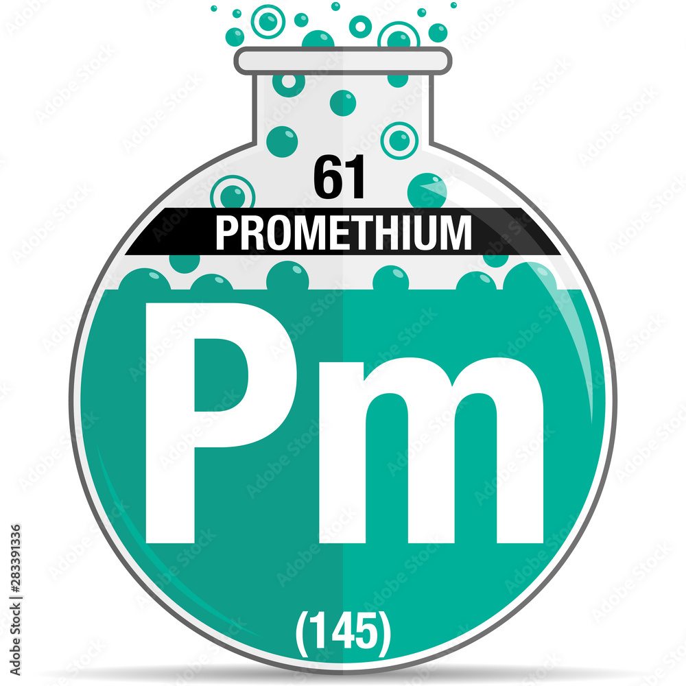 Promethium symbol on chemical round flask. Element number 61 of the ...