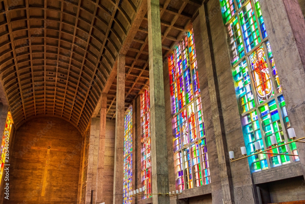 Interior view of nave inside St. Anthony Church, renown Brutalism and ...