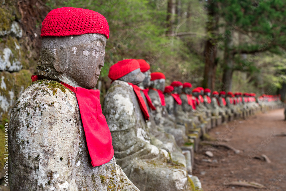 Ancient jizo statues at the Kanmangafuchi Abyss in Nikko, Japan Stock ...
