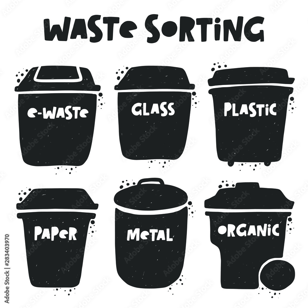 Waste sorting. Trash basket set. Compost. Hand drawn vector ...