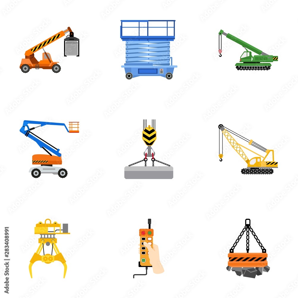 Lifting machinery icon set. Flat set of 9 lifting machinery vector ...