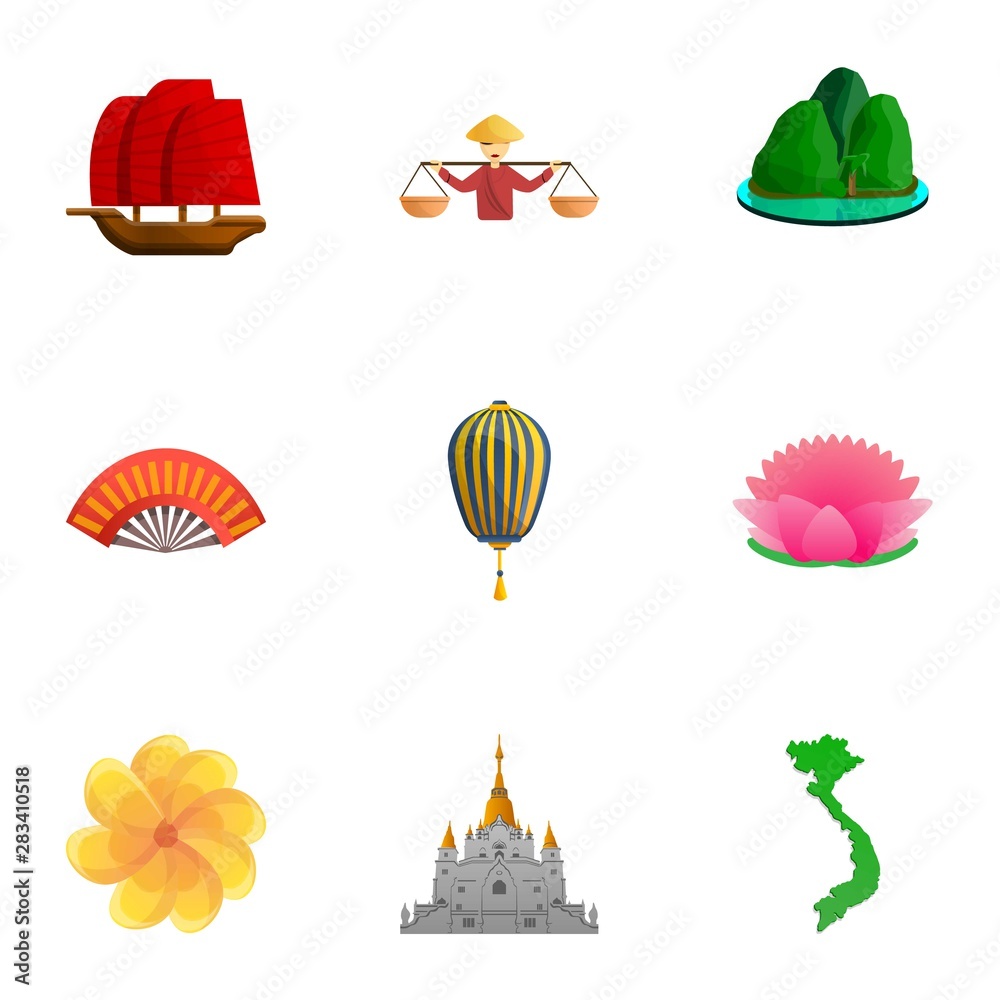 Vietnam landmark icon set. Cartoon set of 9 vietnam landmark vector ...