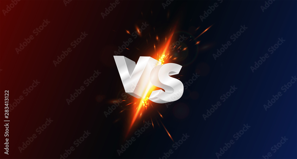 Versus, vs, screen with 3d metal letters, collision, flash of spark and ...