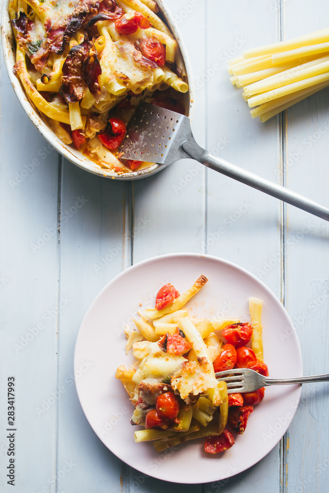 Italian rigatoni ziti made on oven, pasta made with long tubular ...