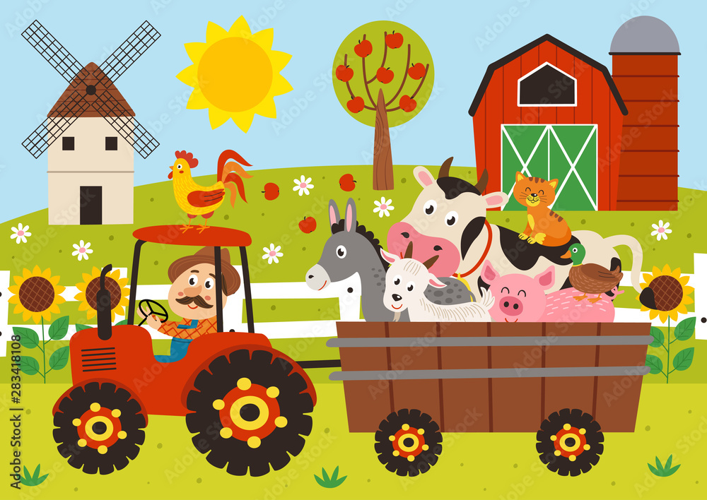 farmer and farm animals riding a tractor with a trailer - vector ...