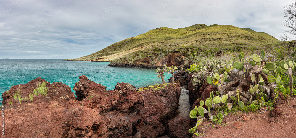 Shoreline of Rabida Island in the Galapagos. Lava contains high levels ...