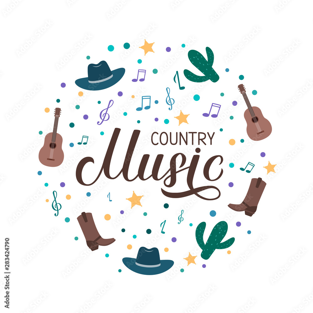 Country Music lettering with hat, cowboy boots, guitar and notes ...