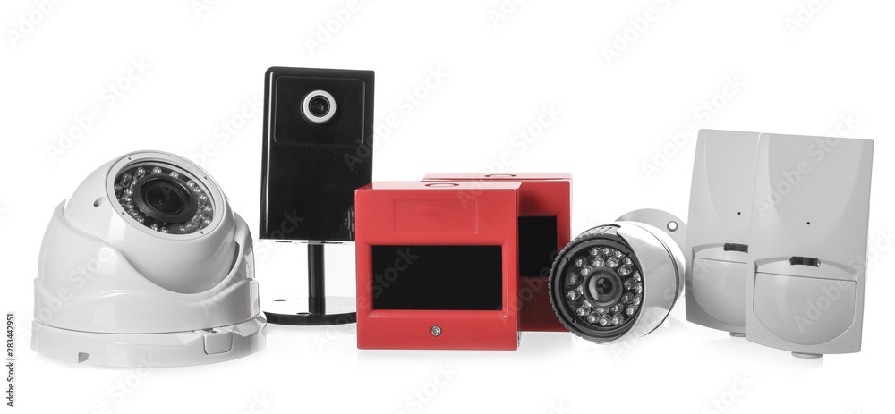 Different equipment of security system on white background Stock Photo ...