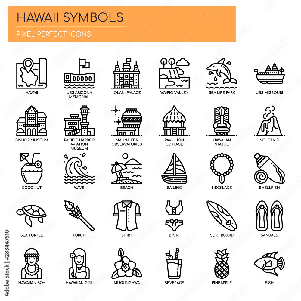 Hawaii Symbols , Thin Line and Pixel Perfect Icons Stock Vector | Adobe ...