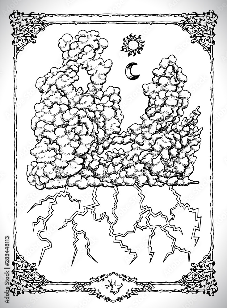 Big cloud with lightning, storm symbol. Vector line art mystic ...