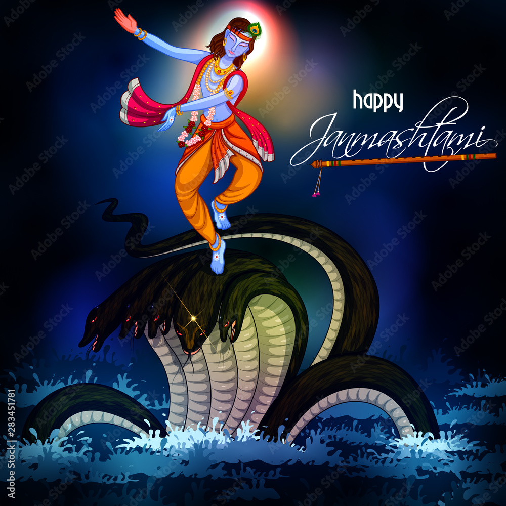 vector illustration of Krishna dancing on Kaliya snake on Happy ...