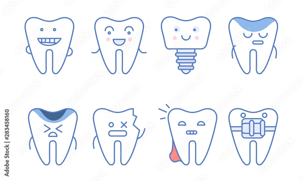 Funny Teeth Characters Set, Dentistry and Treatment, Teeth with ...