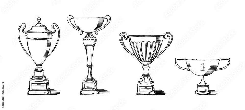 set trophy, award cup success doodle, sport trophy sketch. Hand drawn ...