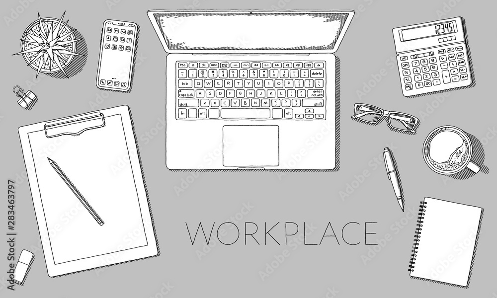 Sketch of workplace desk table with computer, mobile, pen, pencil ...