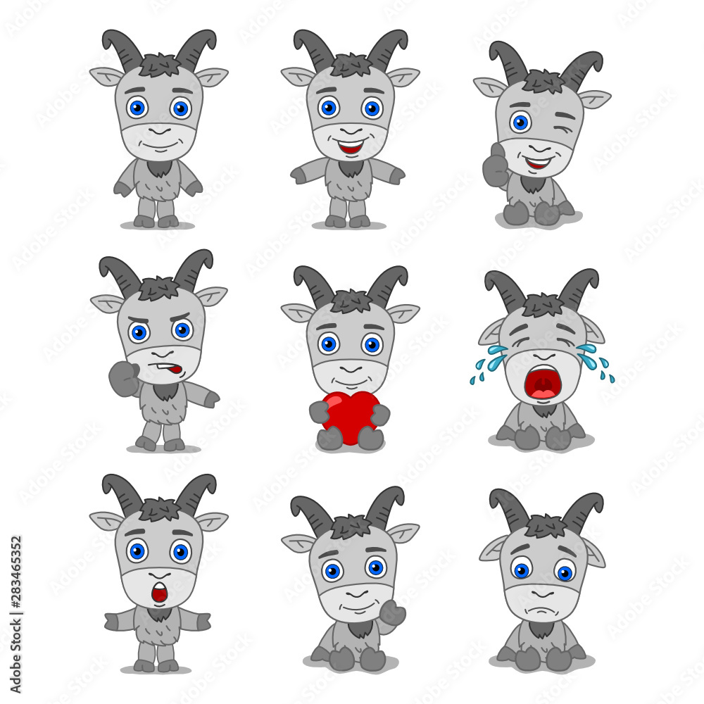 Set of funny goat in cartoon style in different poses and emotions ...