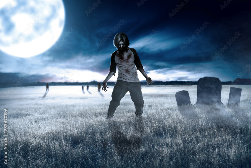 Scary zombies with blood and wound on his body walking around on the ...