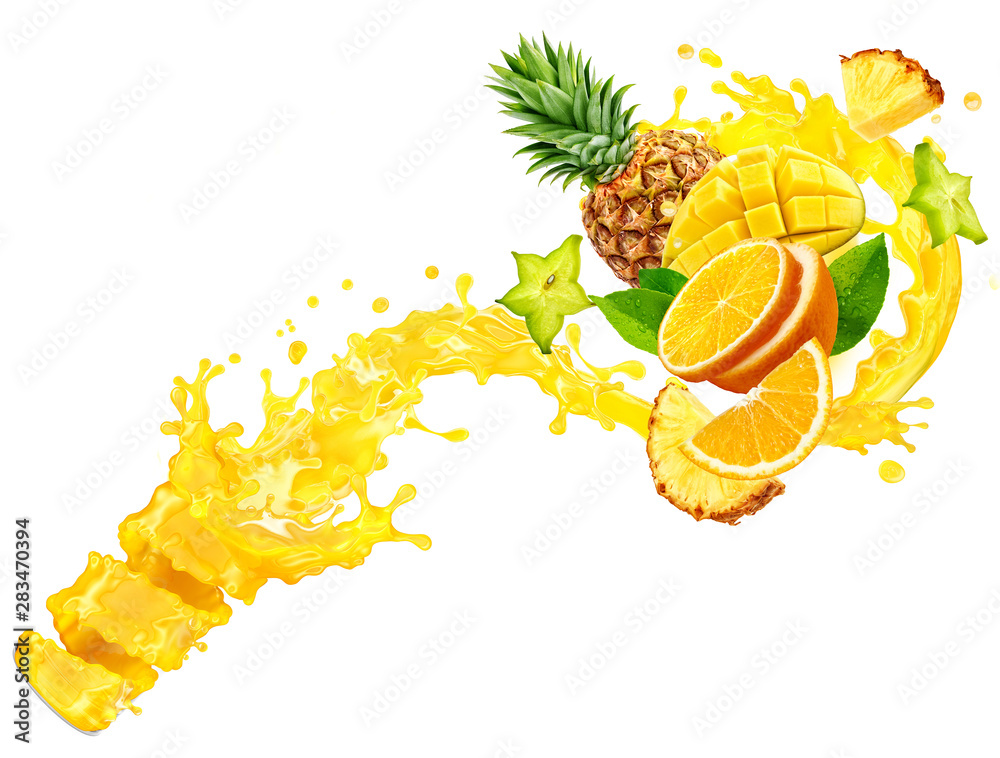 Orange, pineapple, mango fruit juices liquid 3D splash mix. Healthy ...