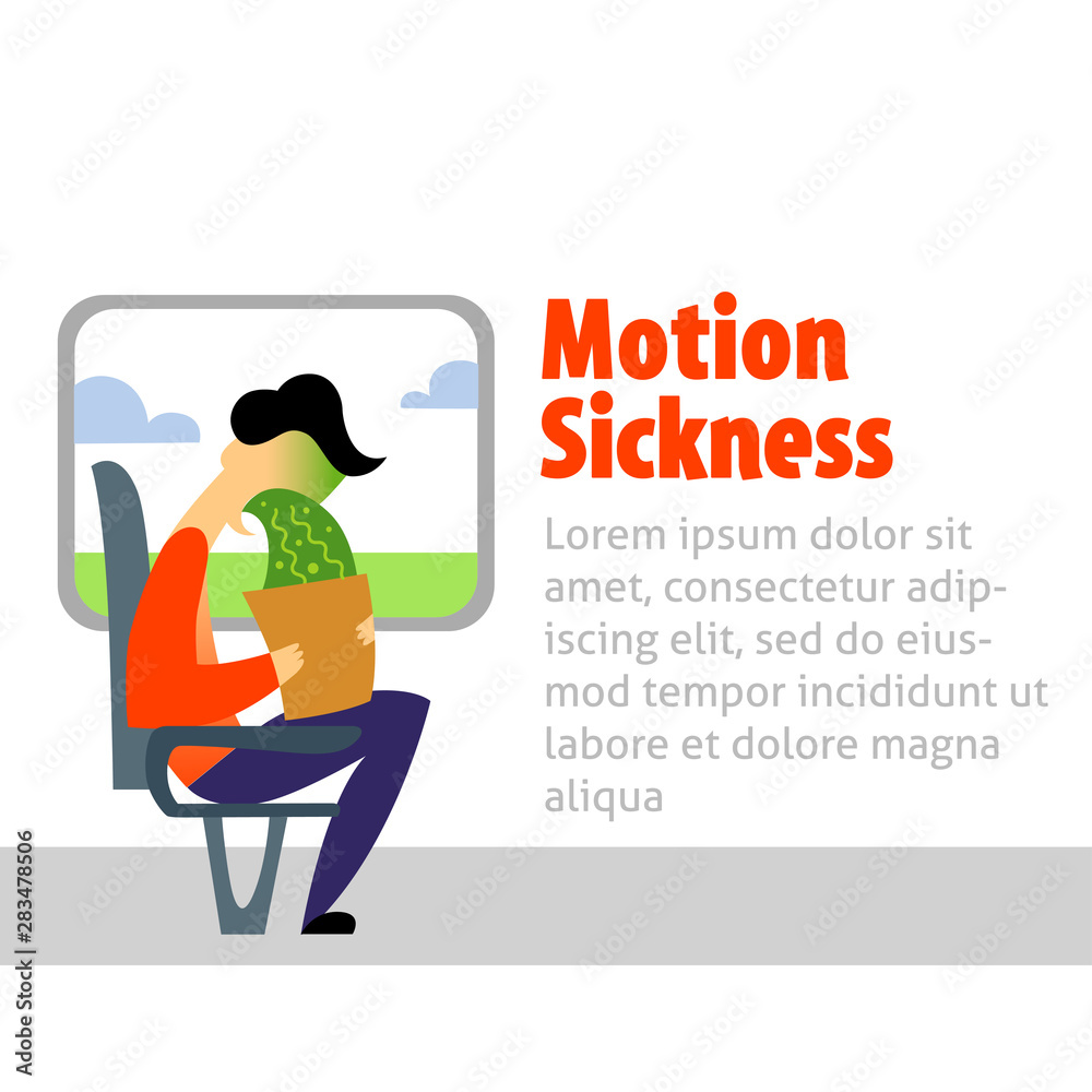 A vector image of a man in the transport with motion sickness. A color ...