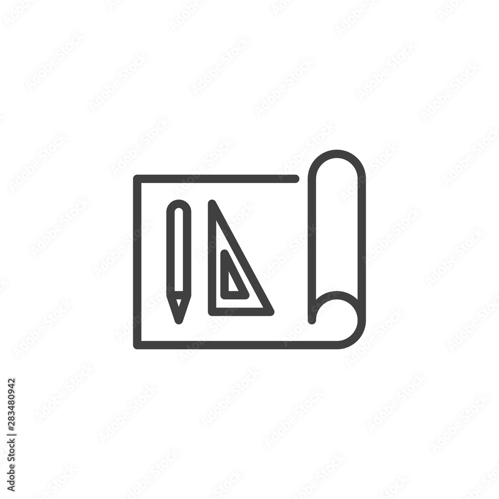 Blueprint with pen and ruler line icon. linear style sign for mobile ...