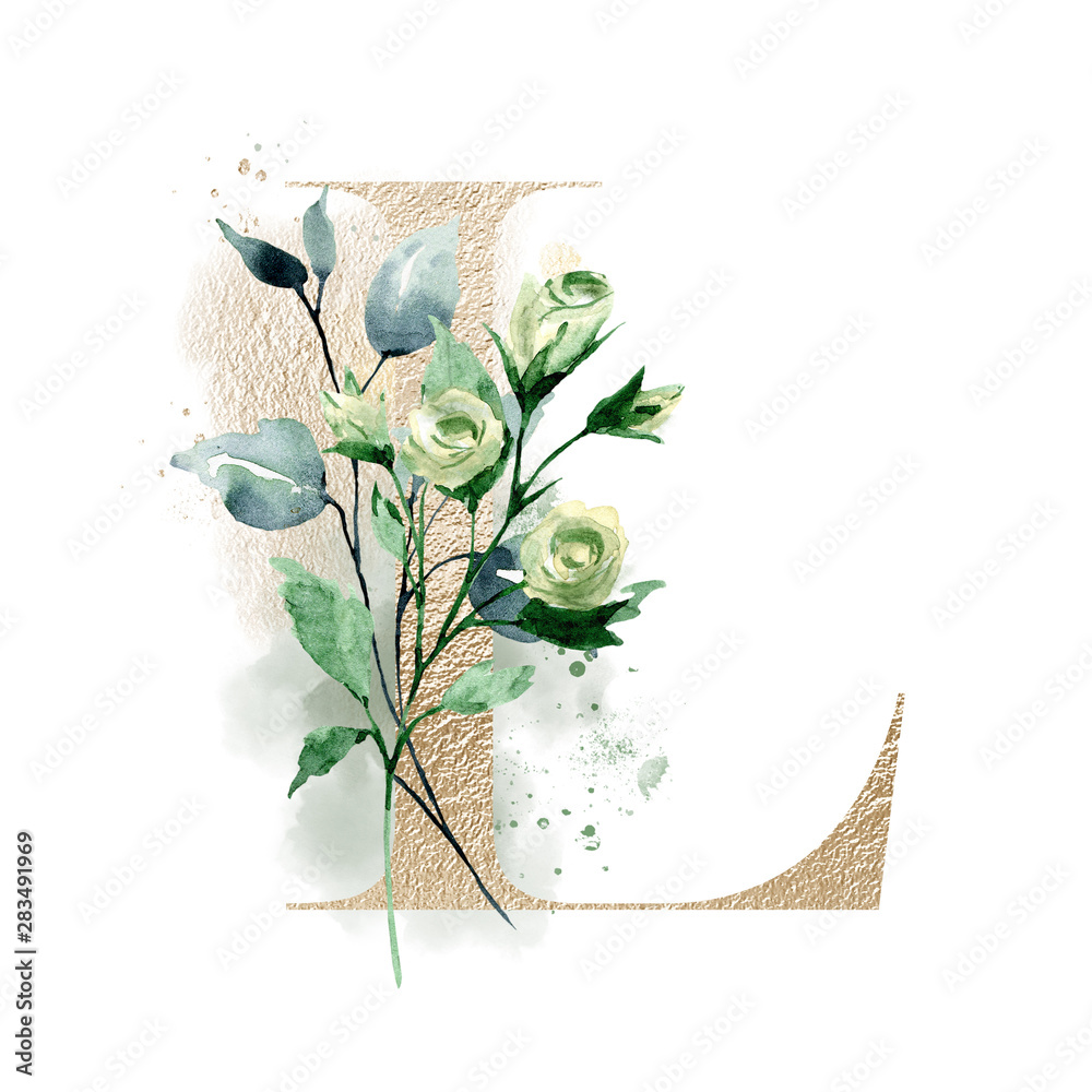 Letter L with watercolor leaves, flower. Floral gold alphabet, monogram ...