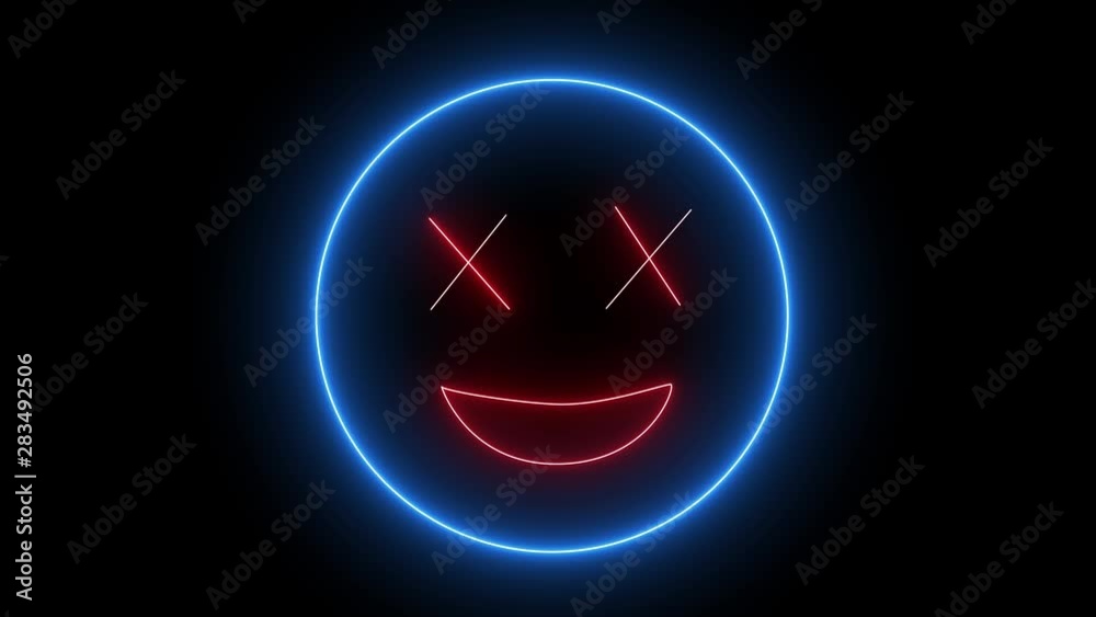 Neon emoji face, smiling sign. Web character with neon, glowing light ...
