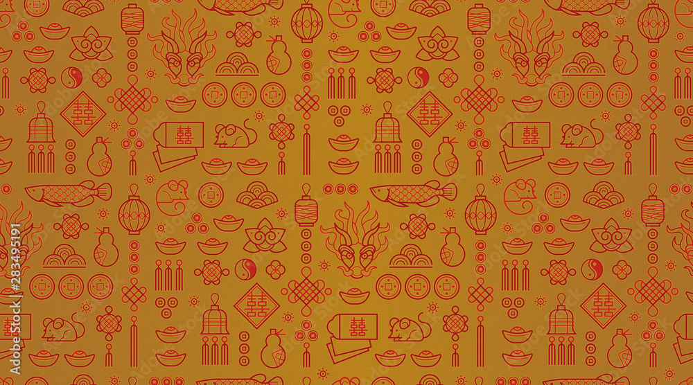 Seamless pattern with a outline symbols in the Chinese style. Stock ...