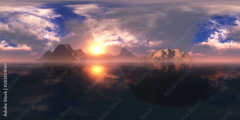 Panorama of a beautiful sunset over the water among the mountains.HDRI ...