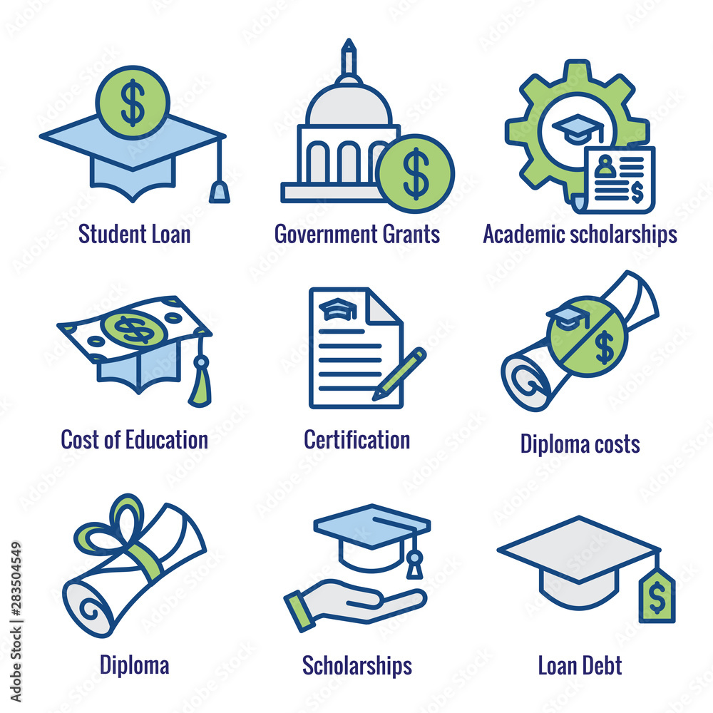 Student Loans Icon Set with Academic Scholarships & Debt Imagery Stock ...
