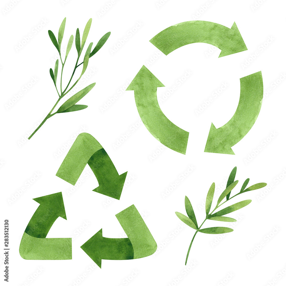 Watercolor recycling signs and sprig with leaves isolated on white ...