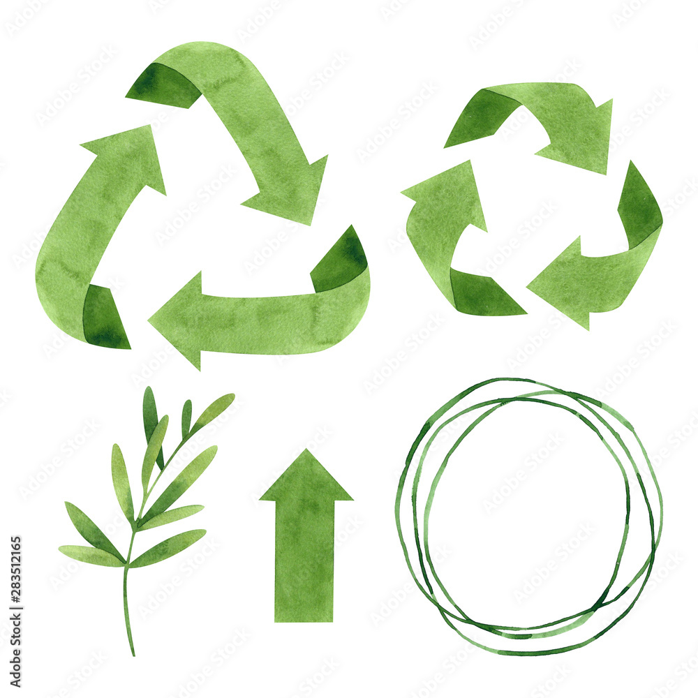 Watercolor recycling signs and sprig with leaves isolated on white ...