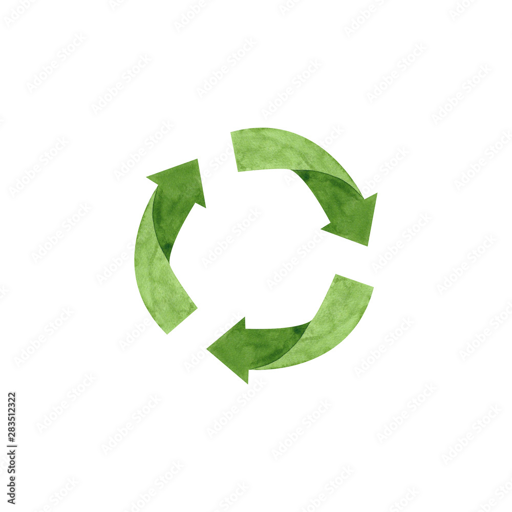 Watercolor green recycling sign isolated on white background. Hand ...