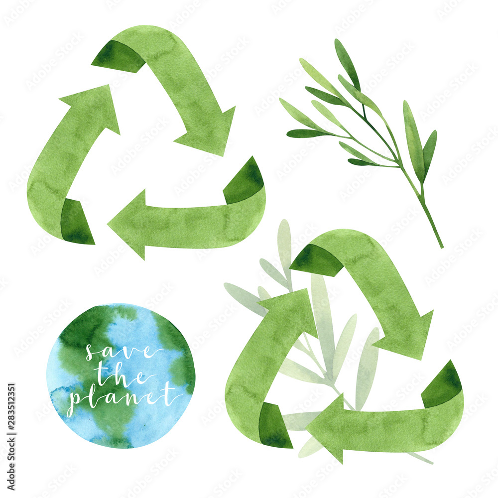 Watercolor recycling signs and sprig with leaves isolated on white ...