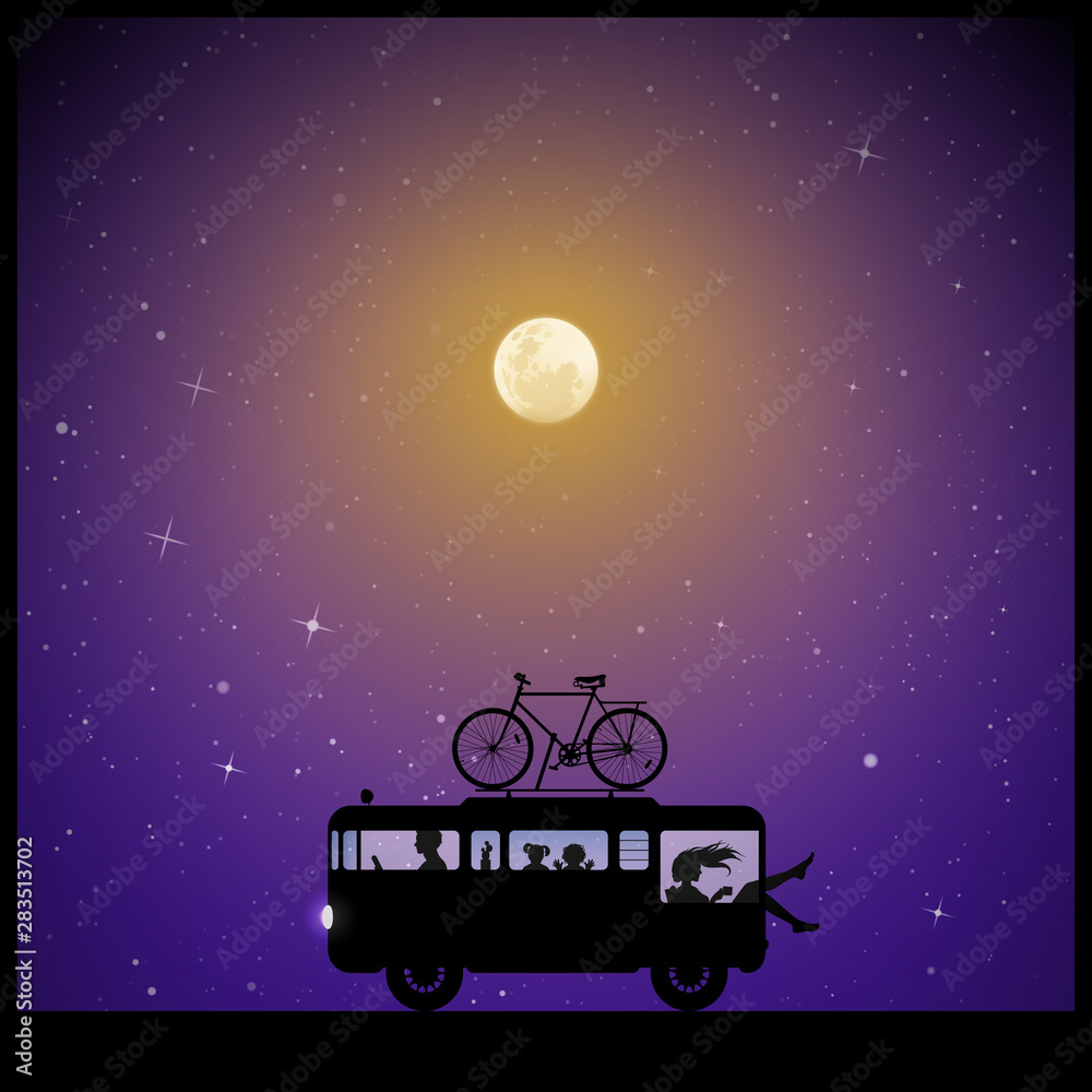 Cartoon retro car on road on moonlit night. Vector illustration with ...
