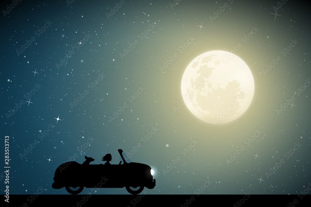 Cartoon retro car on road on moonlit night. Vector illustration with ...