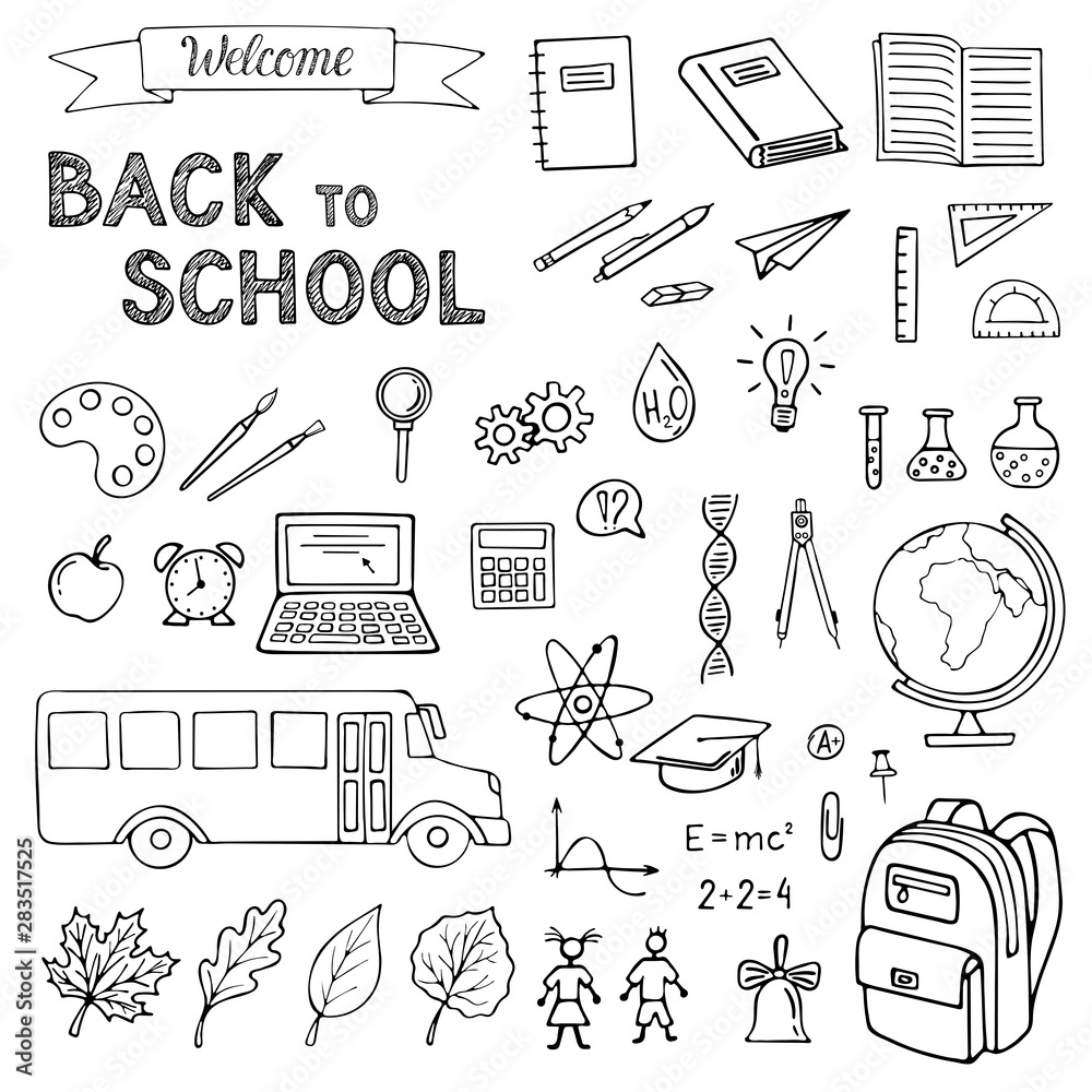 Hand drawn Back to School doodle set. Various school stuff. Vector ...