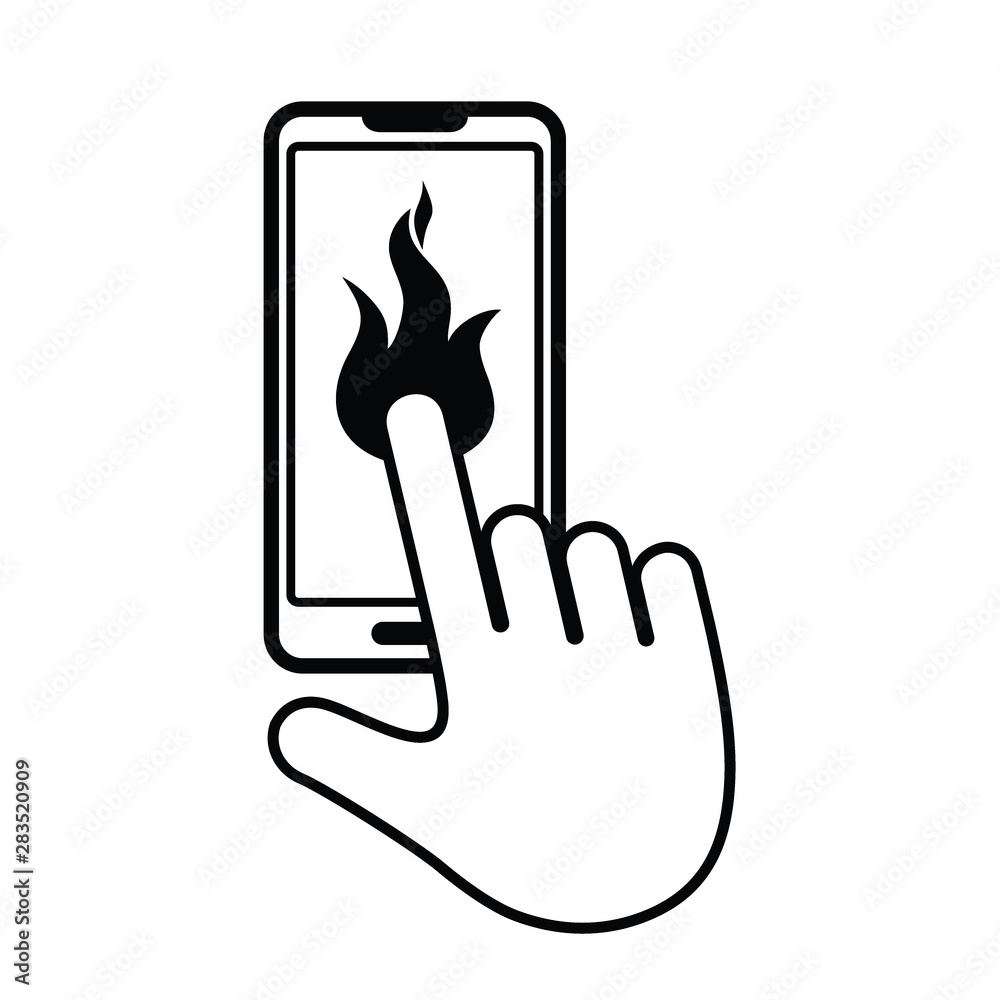 Finger on fire touching the screen of smart phone device. Looking for ...