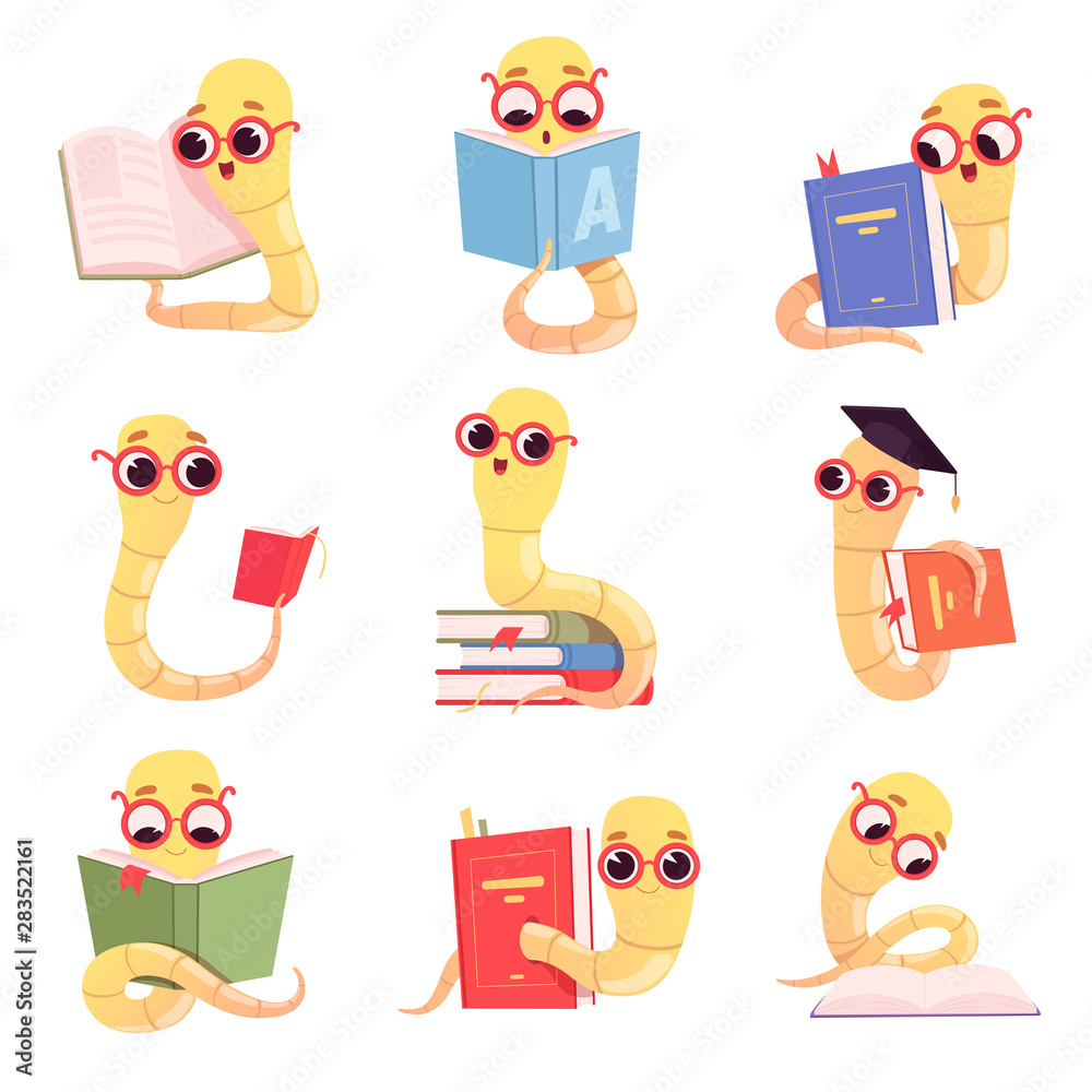 Bookworm characters. Worms kids reading books school little baby animal ...
