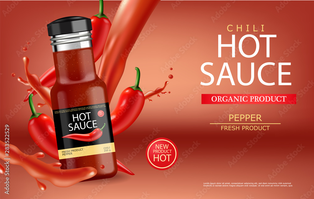 Hot chilli sauce vector realistic with splash. Product placement mock ...