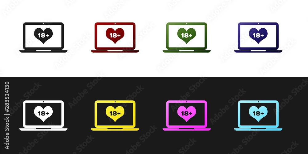 Set Laptop computer with 18 plus content heart icon isolated on black ...