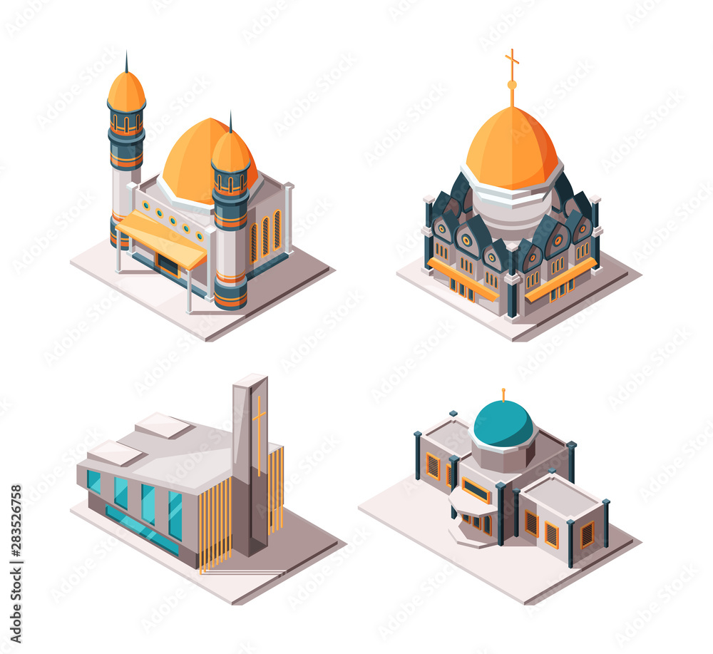 Religion buildings. Muslim mosque lutheran church christian and catholic cultural traditional ...