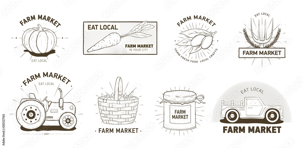 Bundle of logotypes for farm market, locally grown vegetables, organic ...
