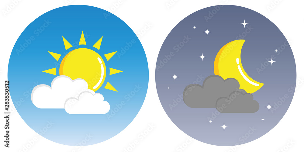 sun and moon with clouds in circle day and night concept vector ...