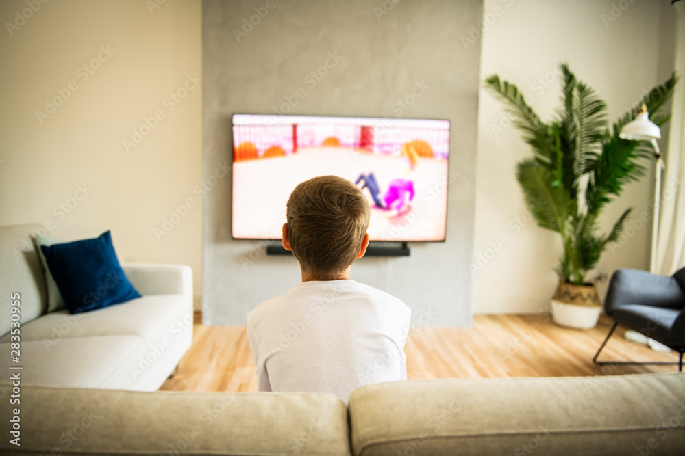 Back view image of cute boy sitting on sofa and watching TV. Stock ...