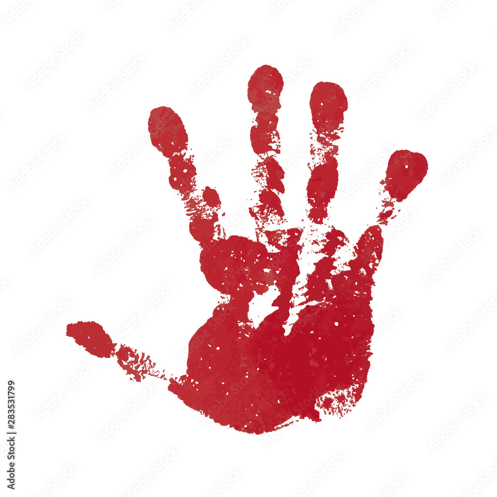 Hand paint print, isolated white background. Red human palm and fingers ...